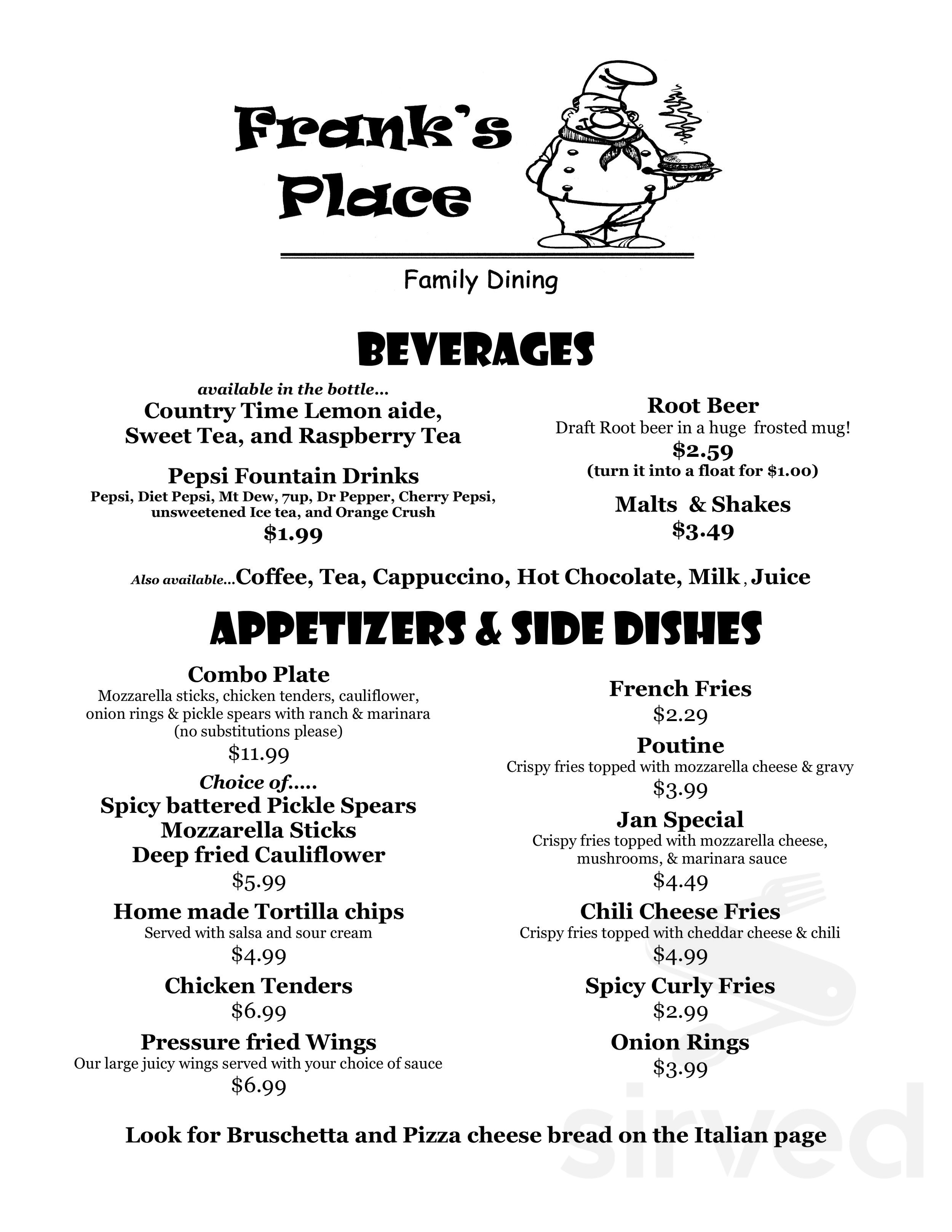 Frank's Place menu in Sault Ste. Marie, Michigan, USA