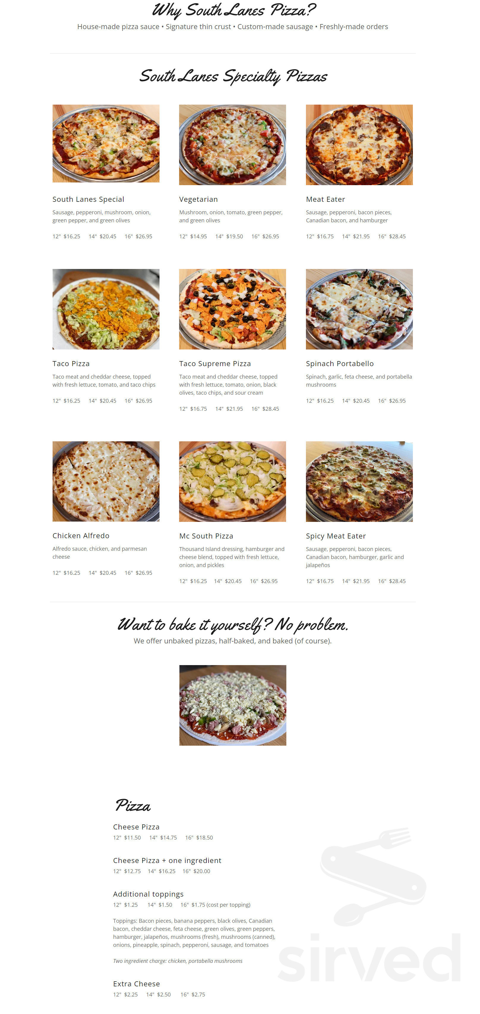 South Lanes Pizza menu in La Crosse, Wisconsin, USA