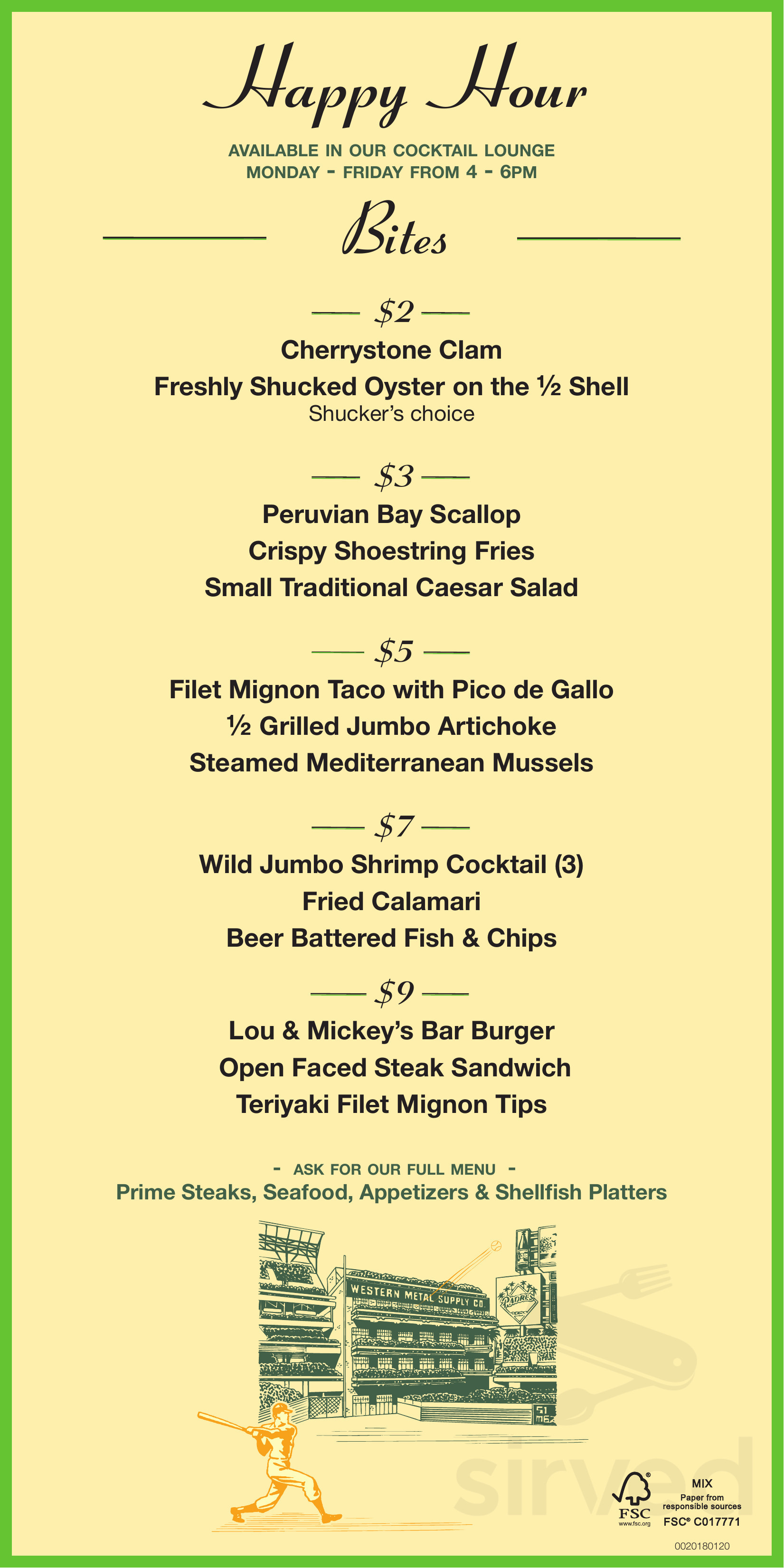 Lou & Mickey's menu in San Diego, California, USA