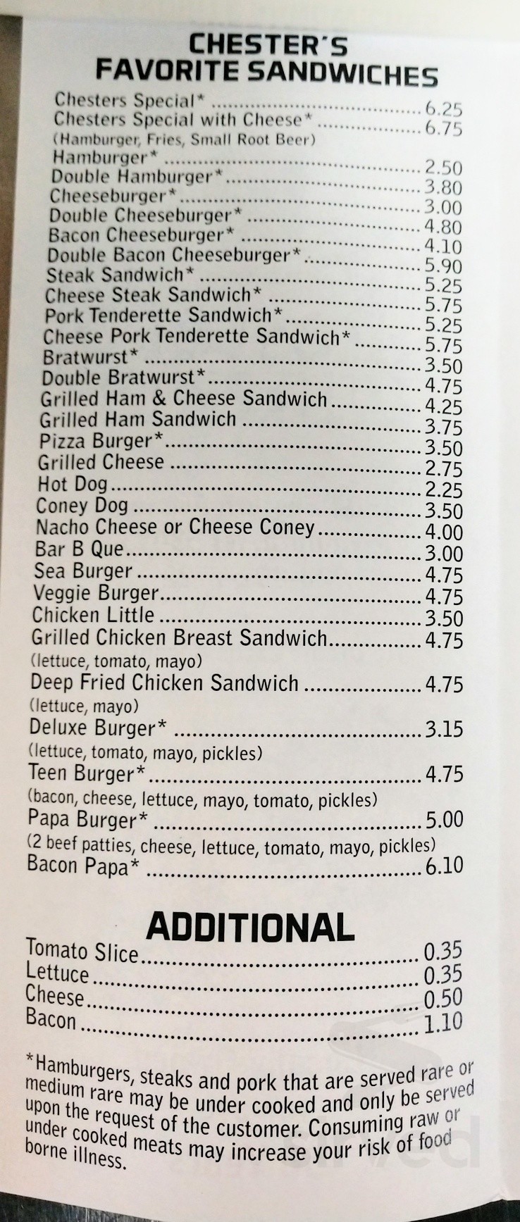 Chester's Drive-In menu in Plymouth, Wisconsin, USA