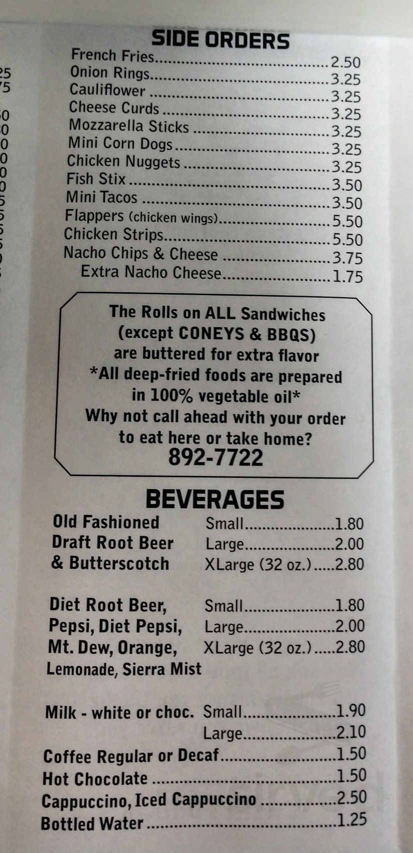 Chester's Drive-In menu in Plymouth, Wisconsin, USA