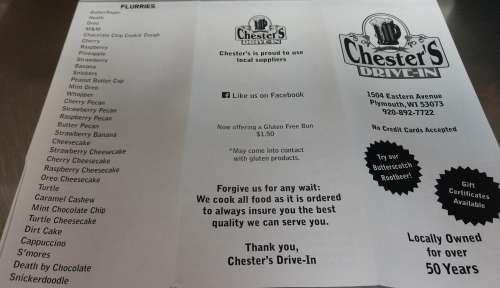 Chester's Drive-In menu in Plymouth, Wisconsin, USA