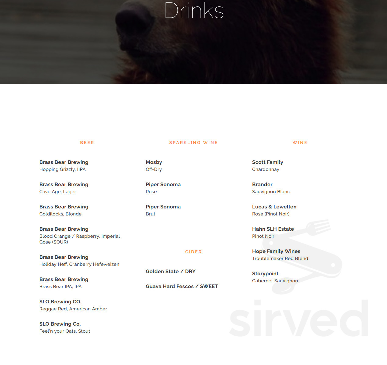 Menu for Brass Bear Brewing & Bistro in Santa Barbara, CA | Sirved