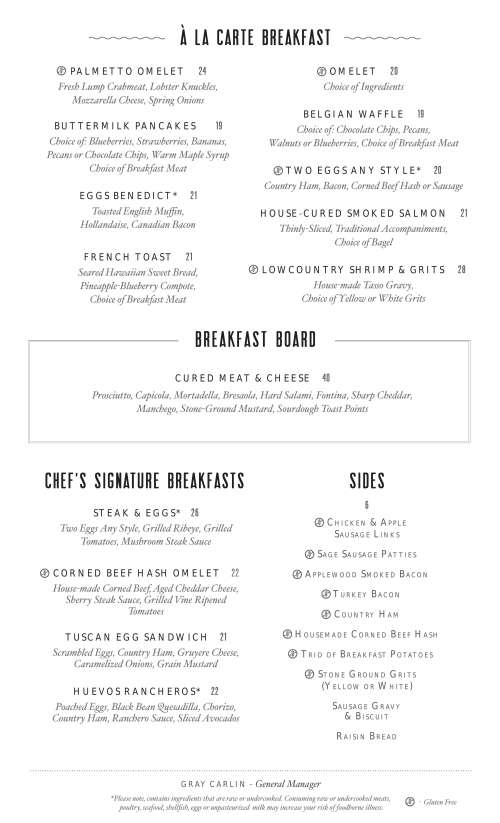 The Palmetto Cafe menu in Charleston, South Carolina, USA