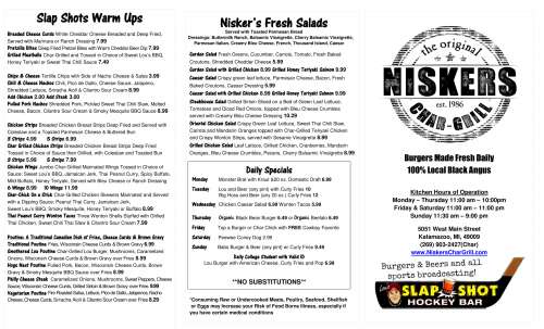 Niskers Grill & Slap Shot Hockey Bar menu in Kalamazoo, Michigan, USA