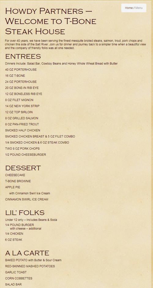 T-Bone Steak House menu in Phoenix, Arizona, USA