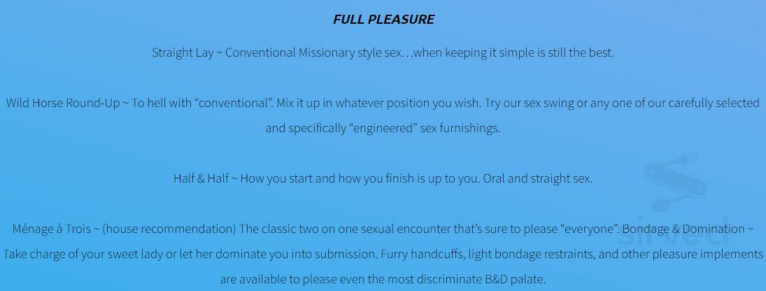 World Famous Mustang Ranch menu in Sparks, Nevada, USA