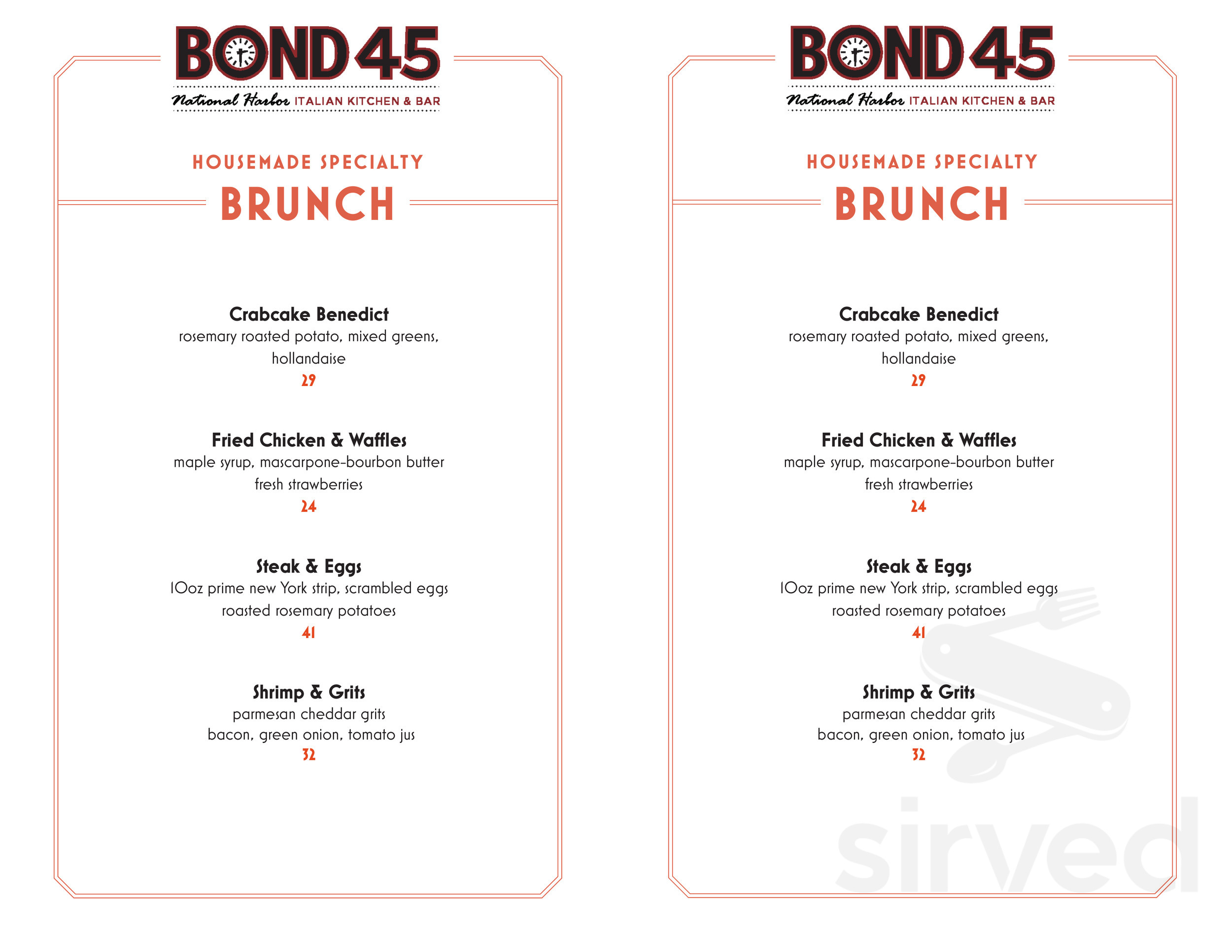 Bond 45 menu in Oxon Hill, Maryland, USA