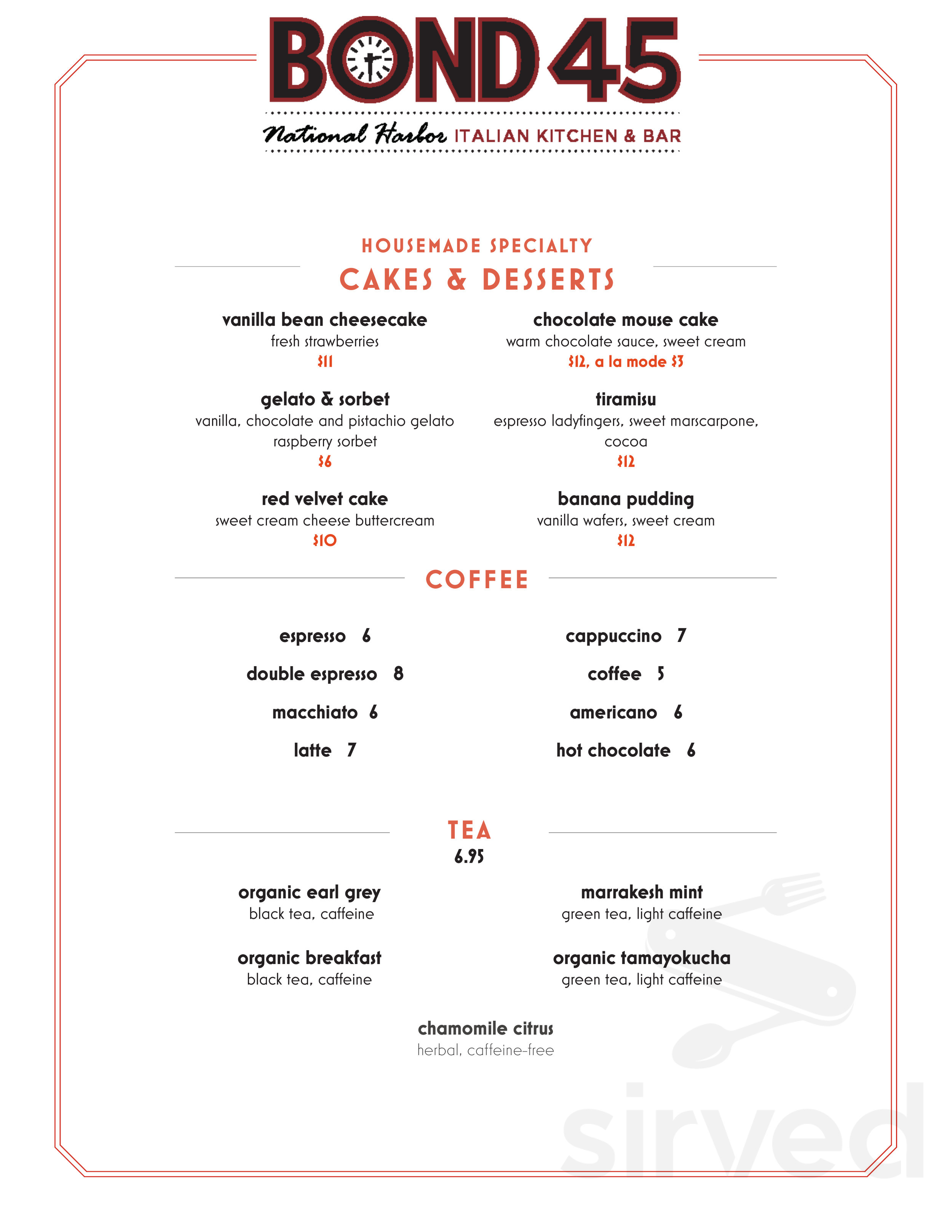 Bond 45 menu in Oxon Hill, Maryland, USA