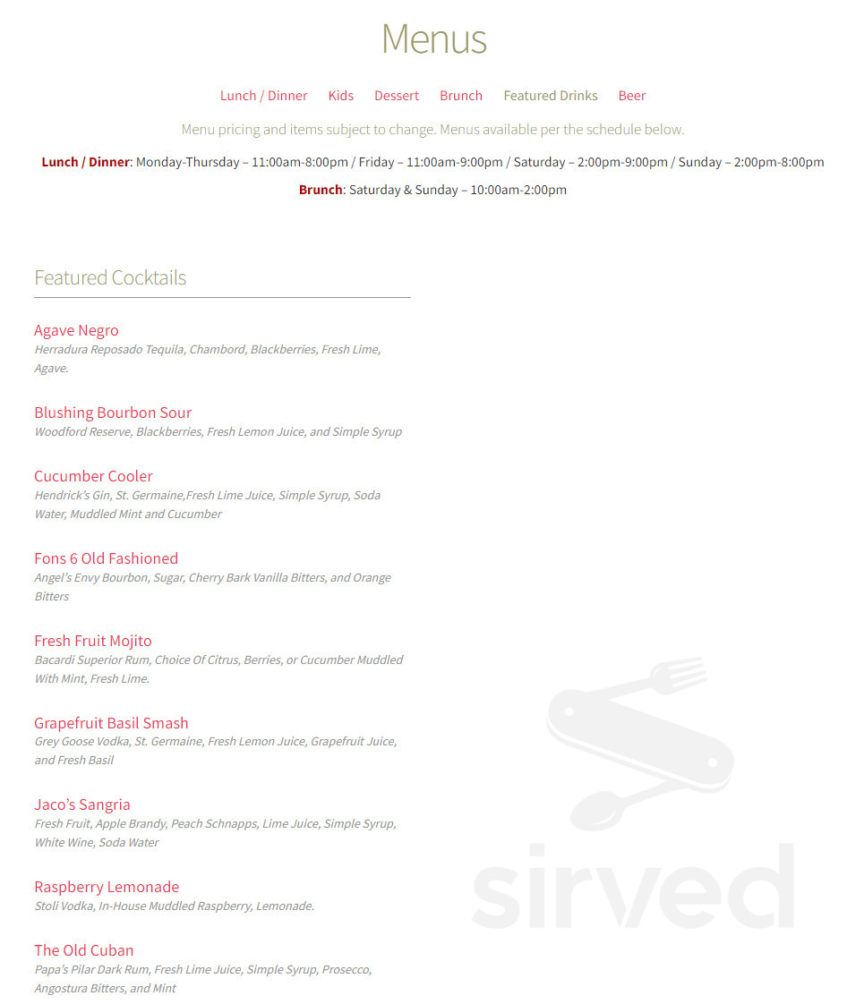 Jaco's Perdido menu in Pensacola, Florida, USA