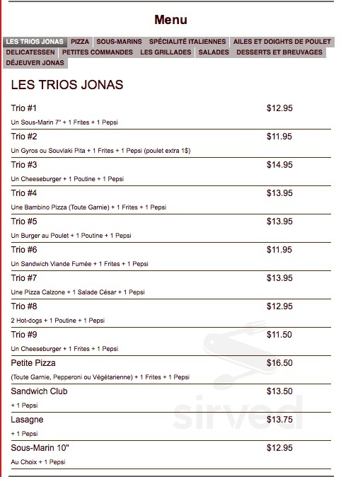 Jonas Restaurant menu in Montreal, Quebec H2R 2E7, Canada