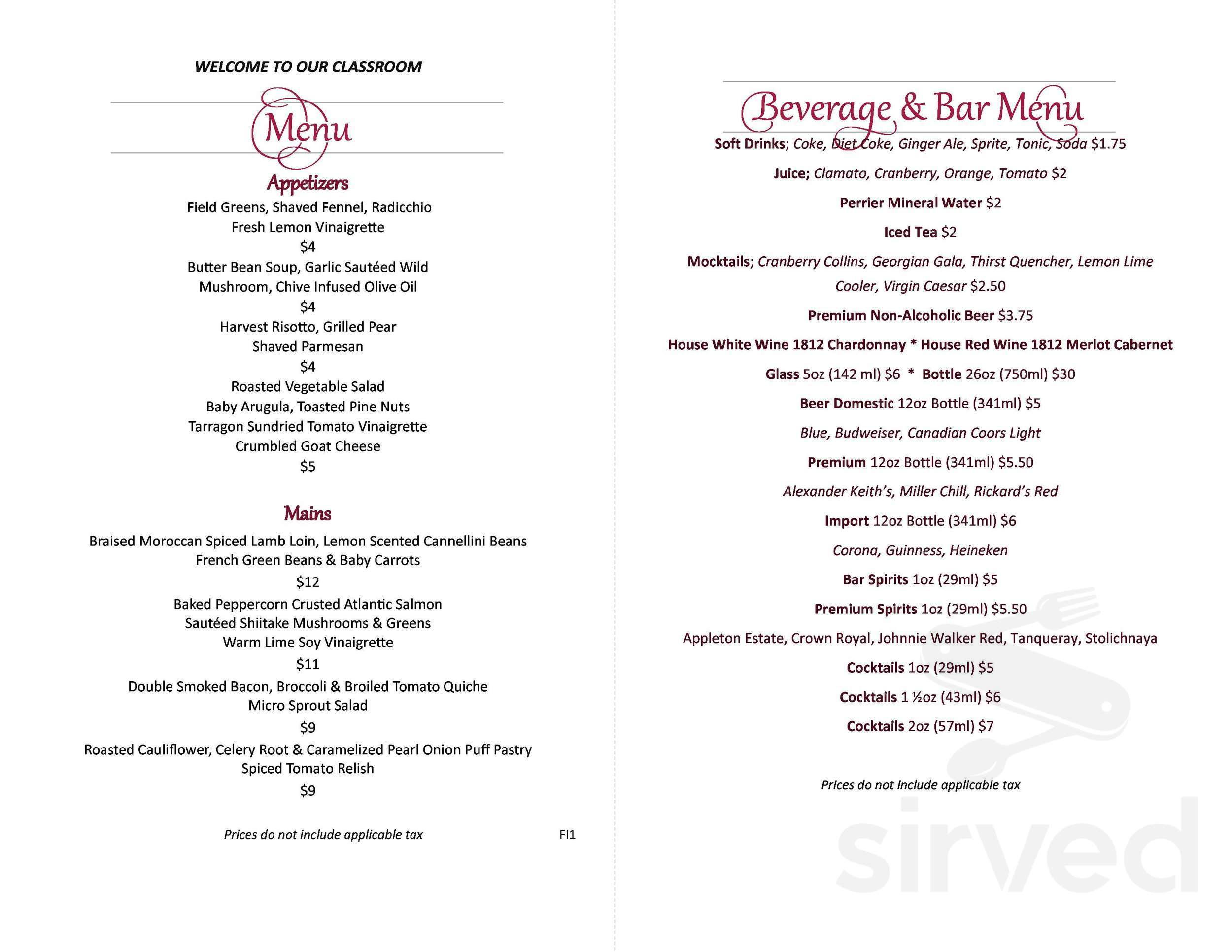 Georgian Dining Room menu in Barrie, Ontario, Canada