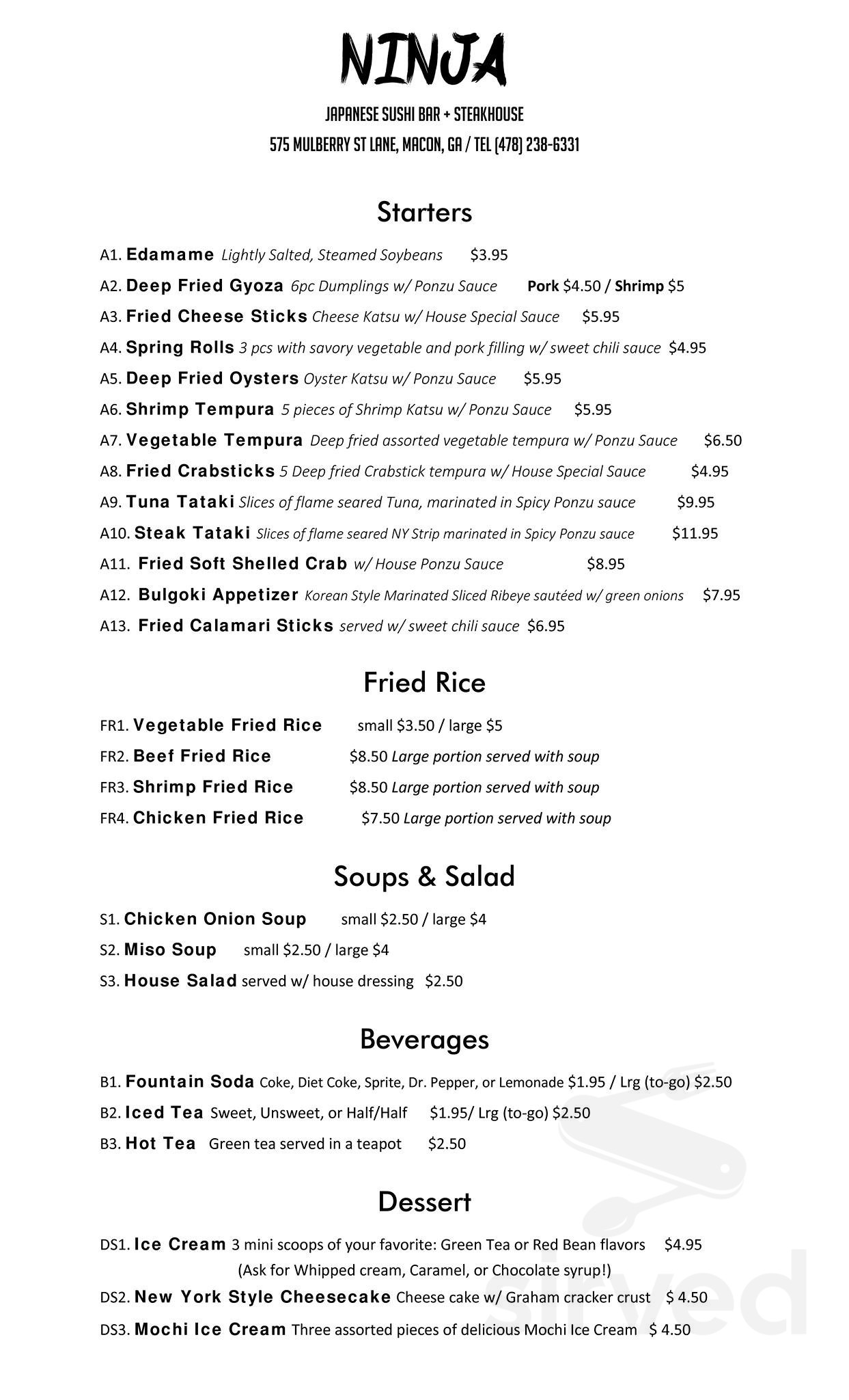 Ninja Japanese Sushi and Hibachi Steakhouse menus in Macon, Georgia ...