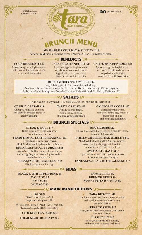 Tara Bar & Grill menu in Yonkers, New York, USA