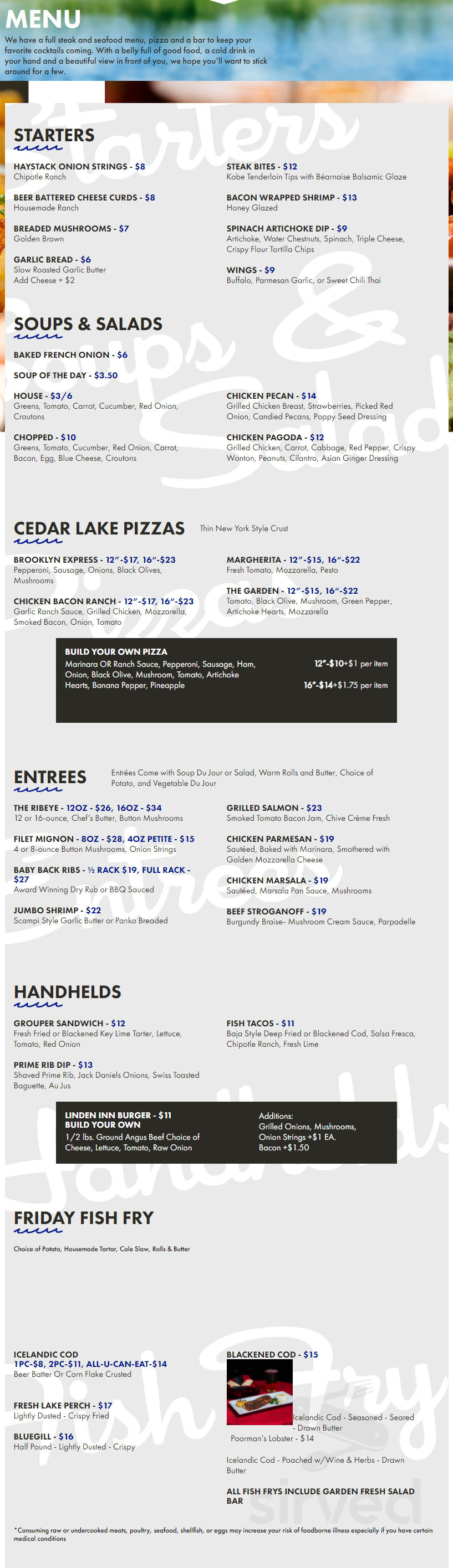 Linden inn menu in Hartford, Wisconsin, USA