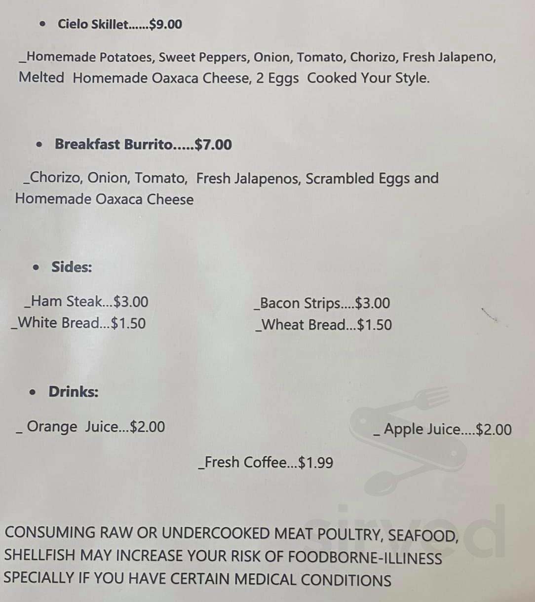 Cielo Mexican Grill menu in Schaumburg, Illinois, USA