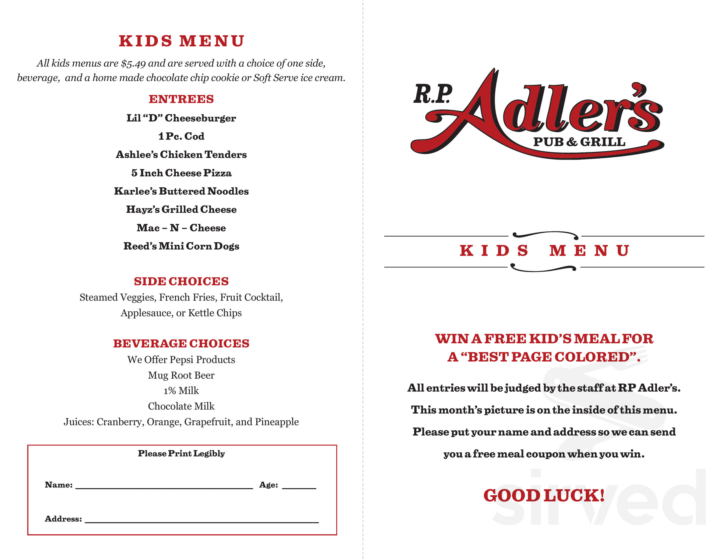 RP Adler's Pub & Grill menu in Madison, Wisconsin, USA