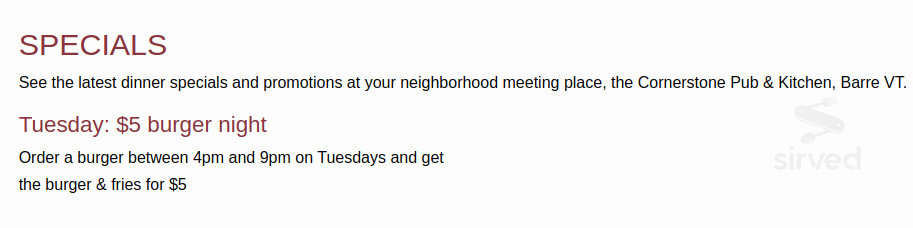 Cornerstone Pub & Kitchen menu in Barre, Vermont, USA