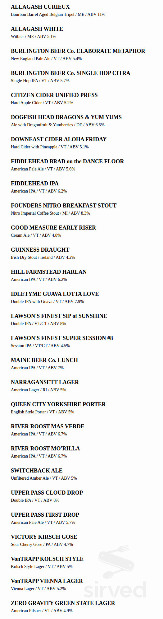 Cornerstone Pub & Kitchen menu in Barre, Vermont, USA