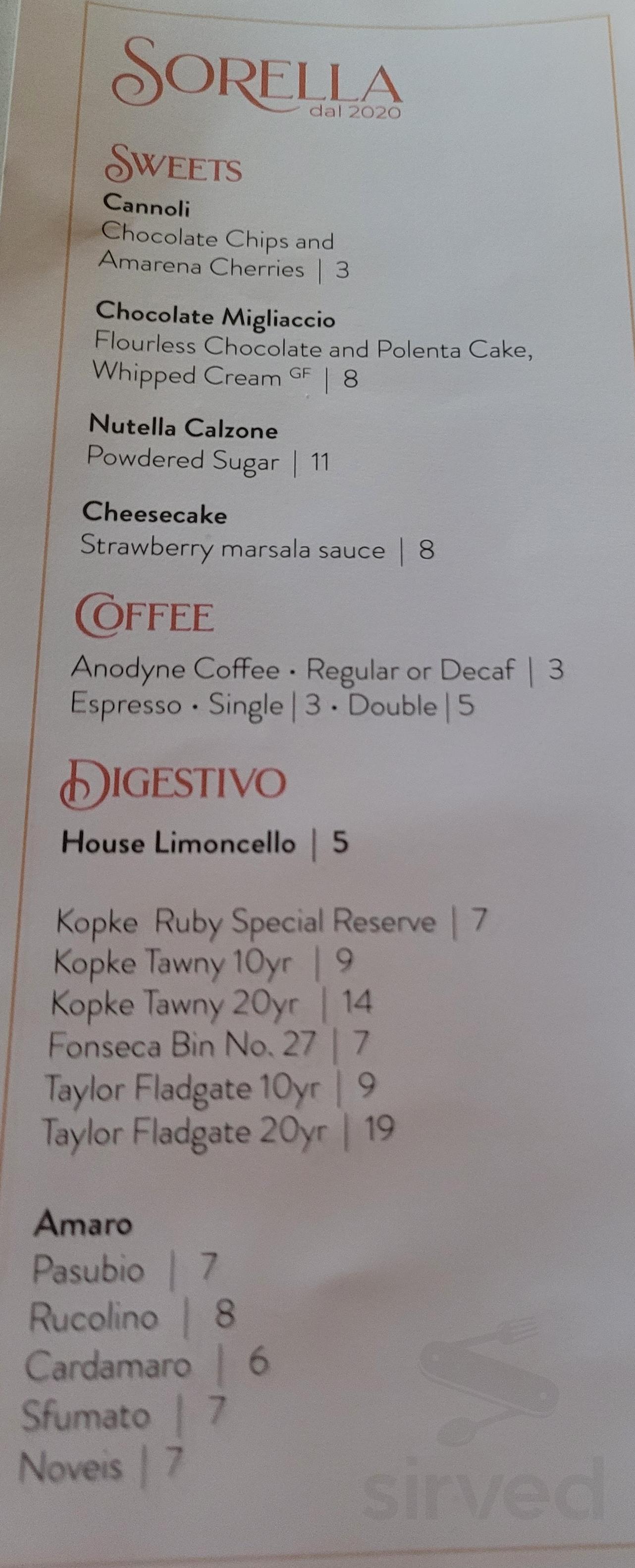 Sorella menu in Milwaukee, Wisconsin, USA