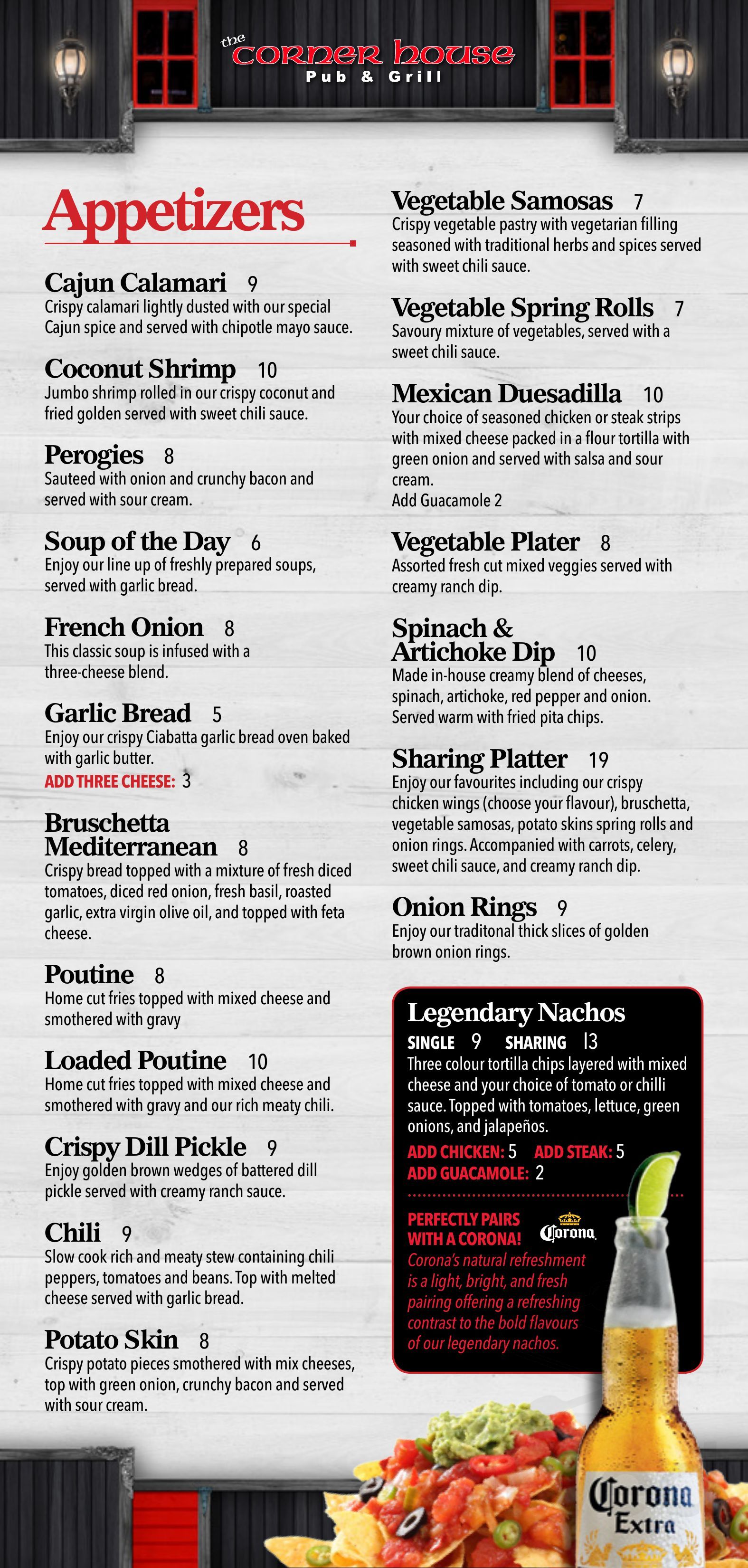 Corner House Pub and Grill menu in Uxbridge, Ontario, Canada