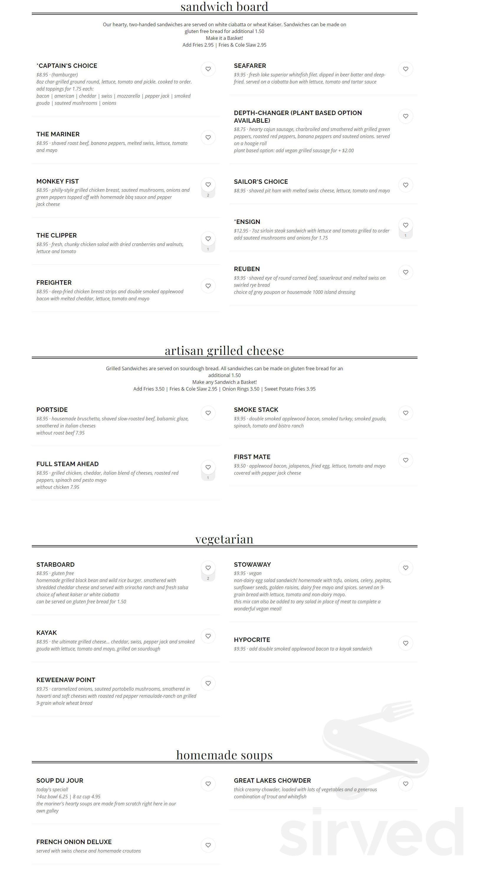 The Mariner North Restaraunt menu in Copper Harbor, Michigan, USA
