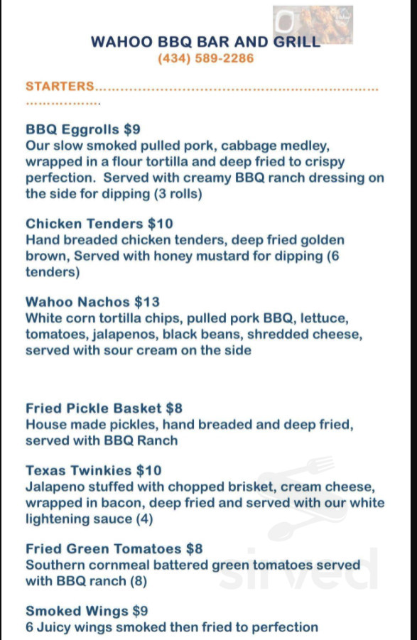 Wahoo BBQ menu in Palmyra, Virginia, USA