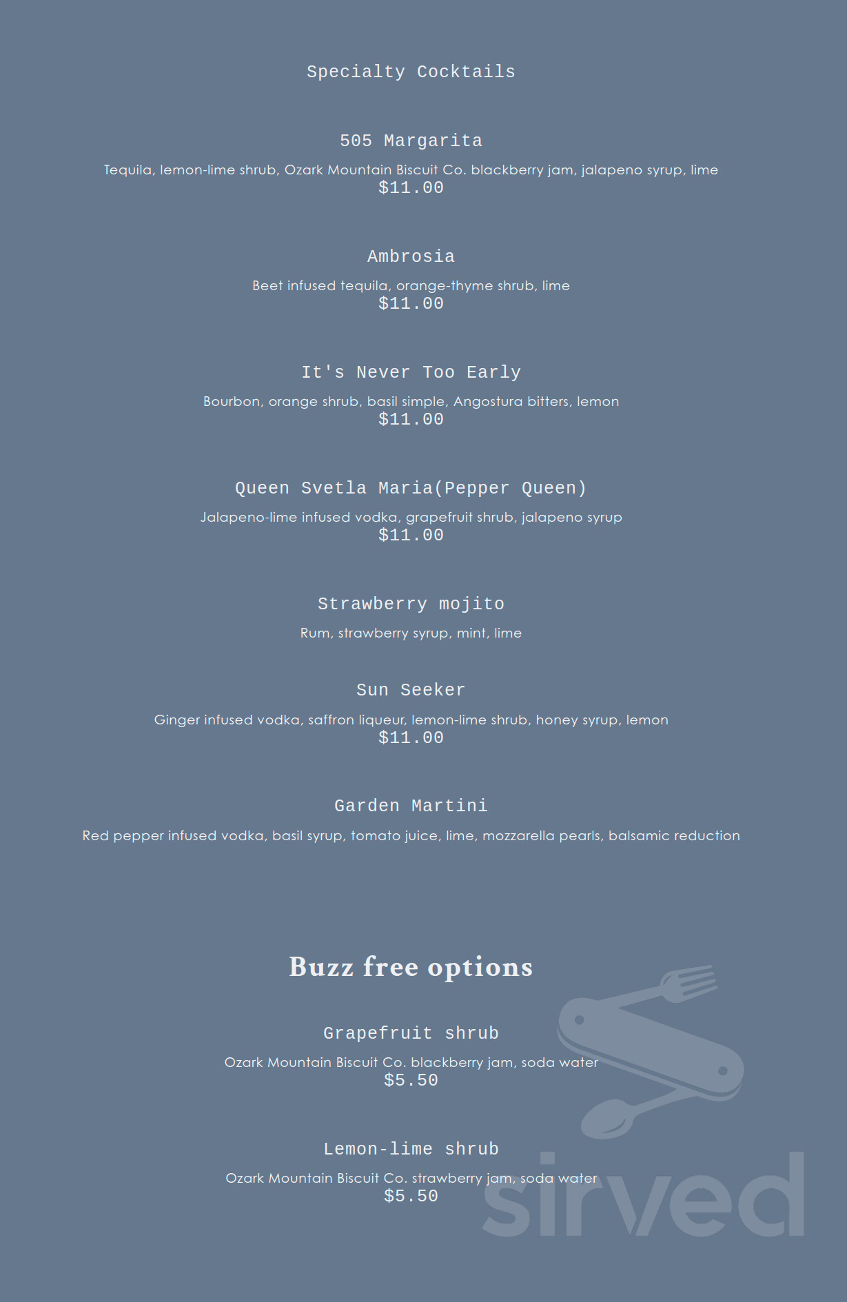 Sycamore Restaurant menu in Columbia, Missouri, USA