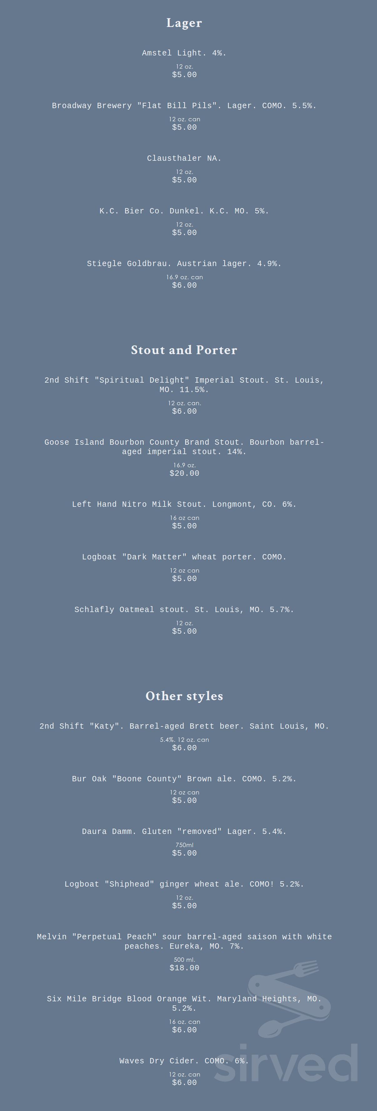 Sycamore Restaurant menu in Columbia, Missouri, USA