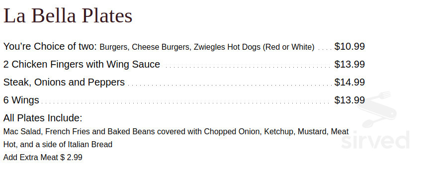 La Bella Mangia and Catering menu in Fairport, New York, USA