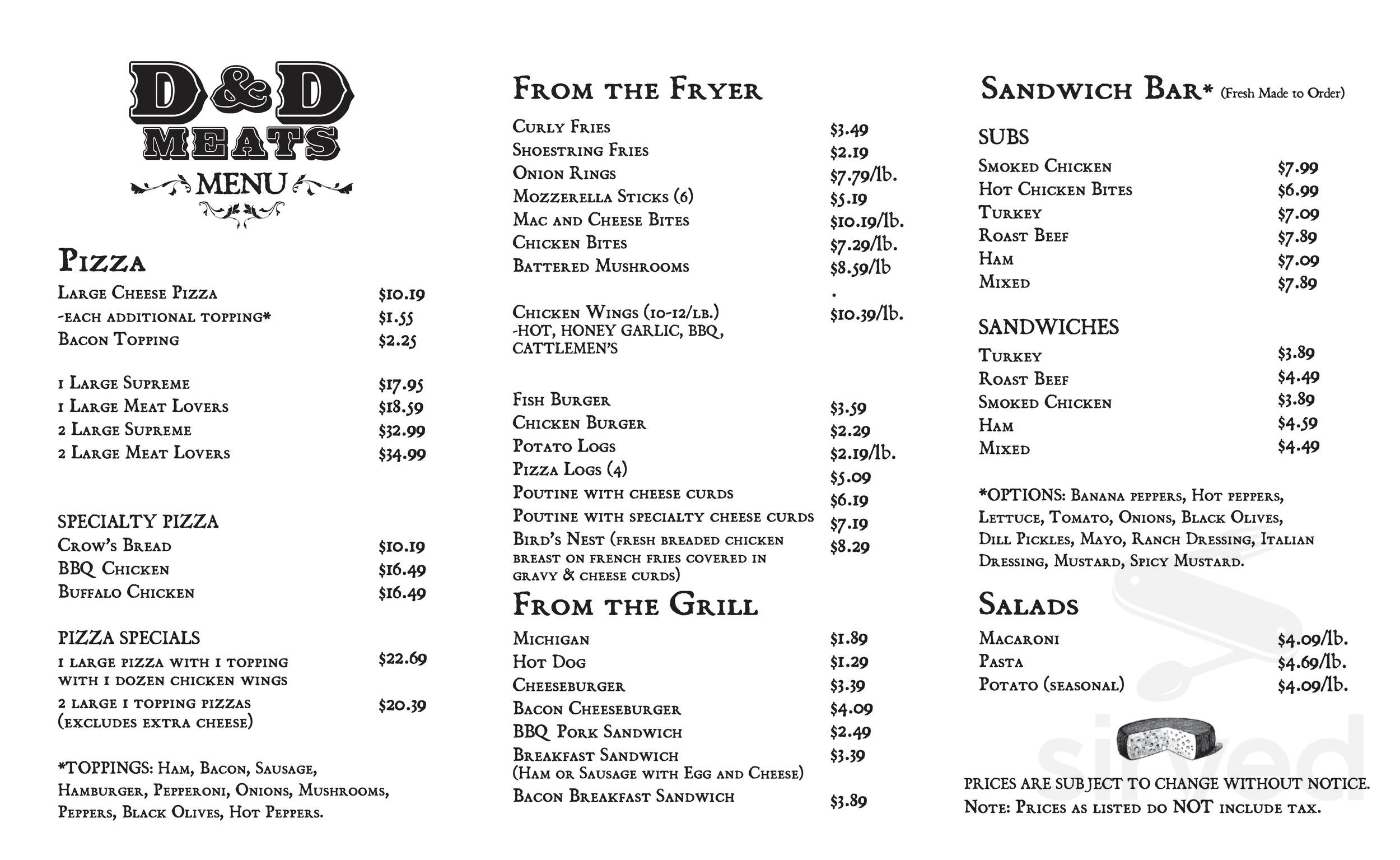 Menu - West Chazy NY's D & D Meats | Sirved