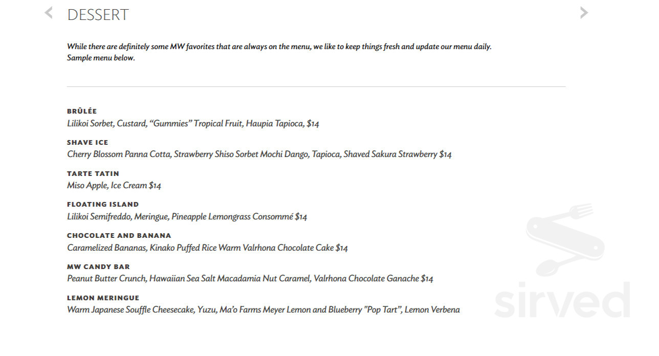 MW Restaurant menu in Honolulu, Hawaii, USA