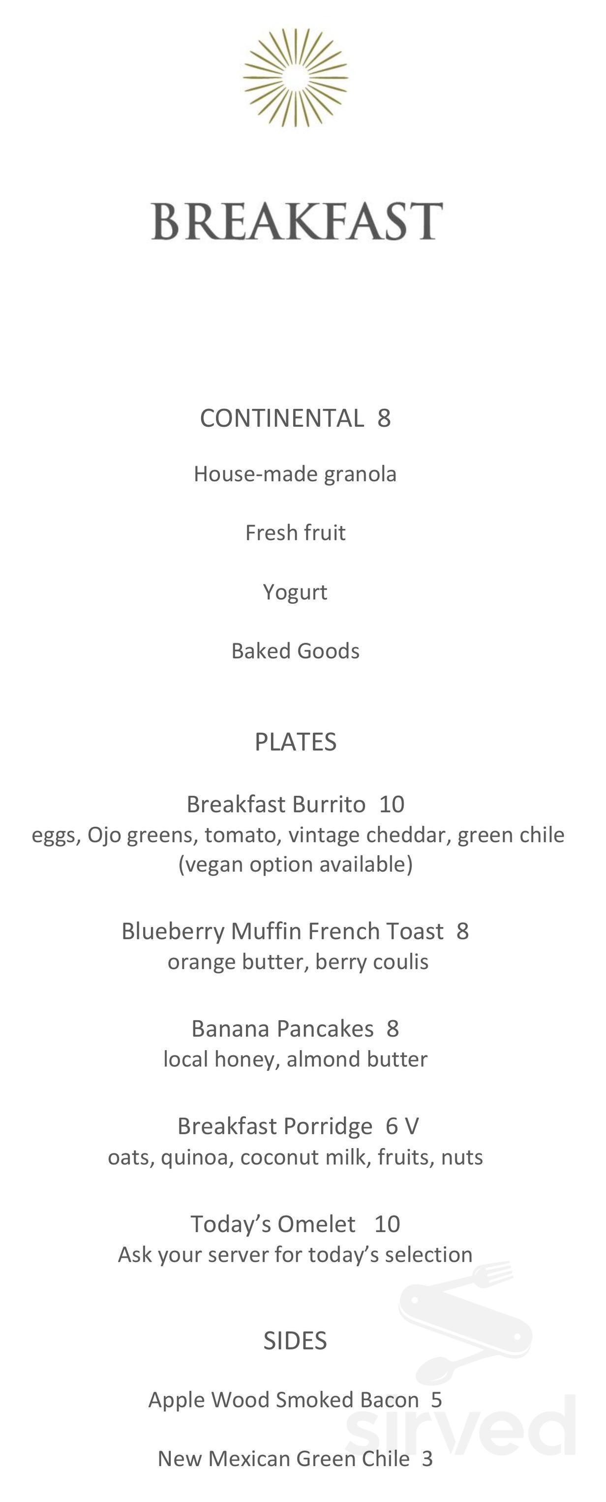 Blue Heron Restaurant at Ojo Santa Fe Spa Resort menu in Santa Fe, New ...