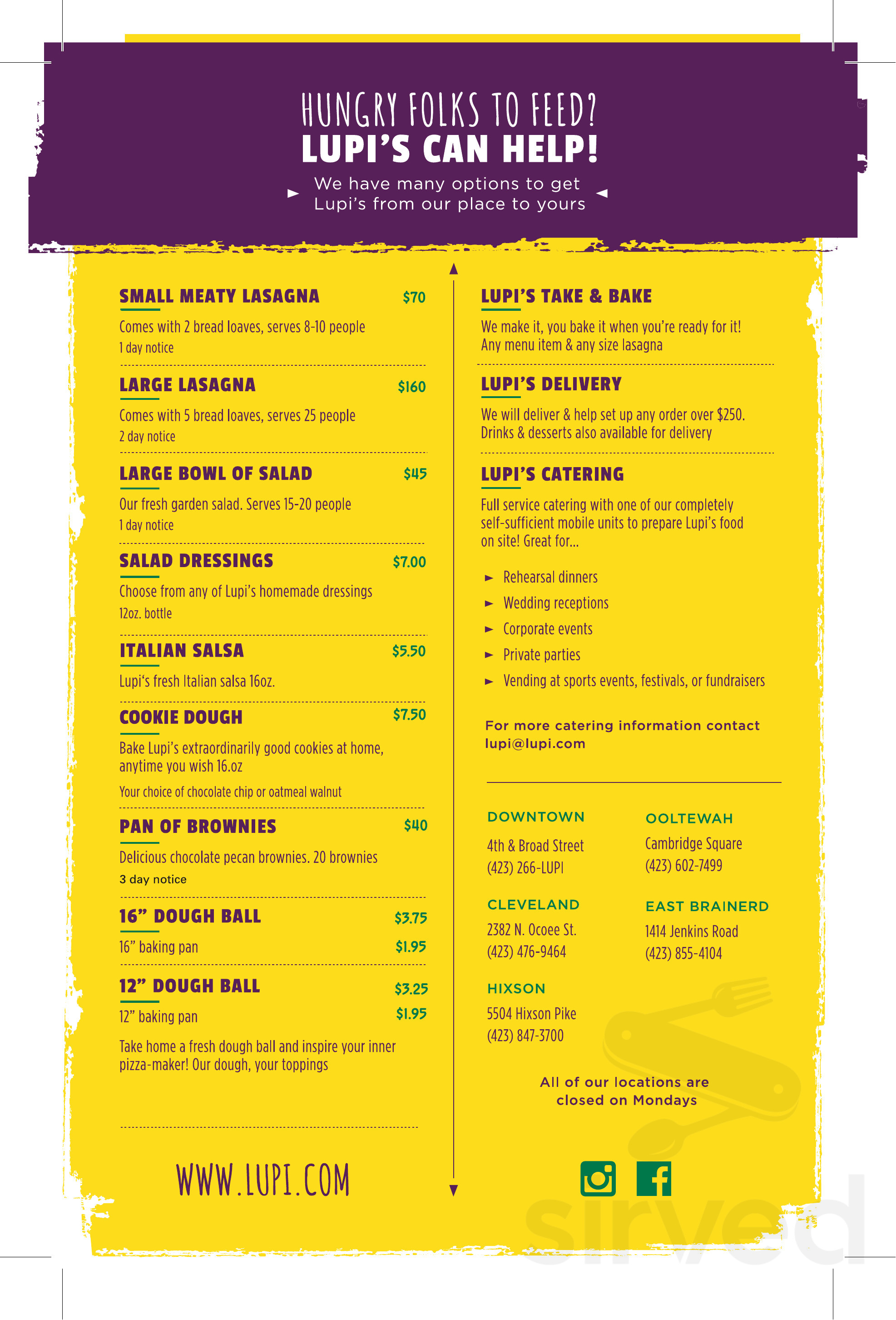 Lupis Pizza Pies menu in Cleveland, Tennessee, USA