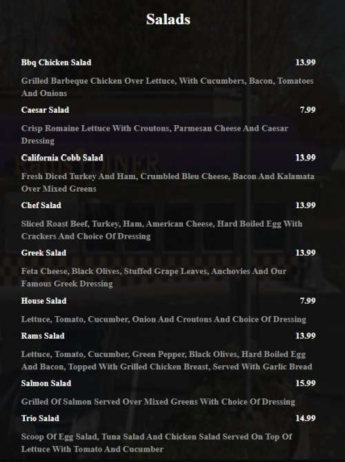 Rams Diner menu in West Chester, Pennsylvania, USA