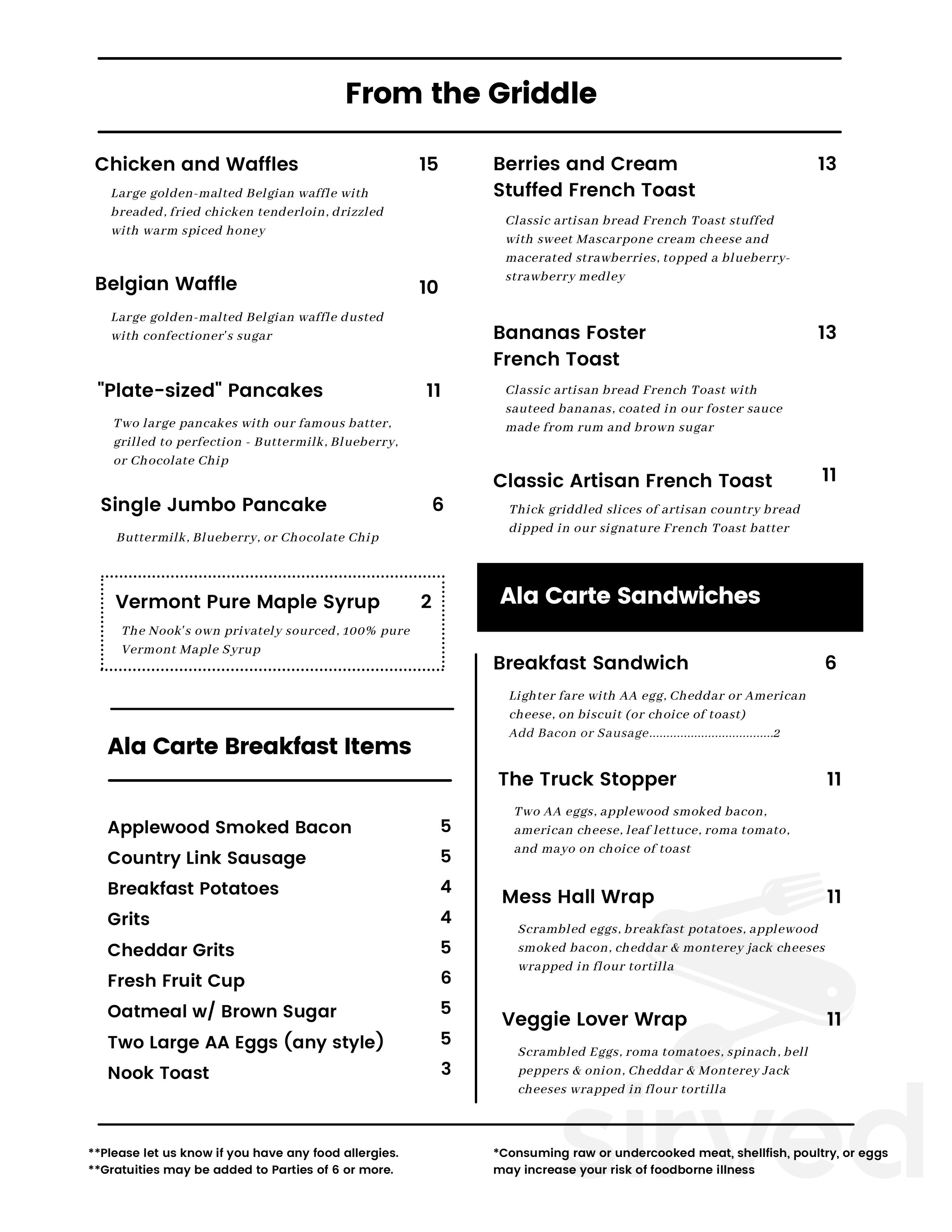 The Nook menu in Charlottesville, Virginia, USA