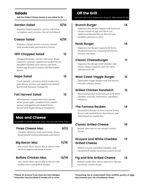 The Nook menu in Charlottesville, Virginia, USA