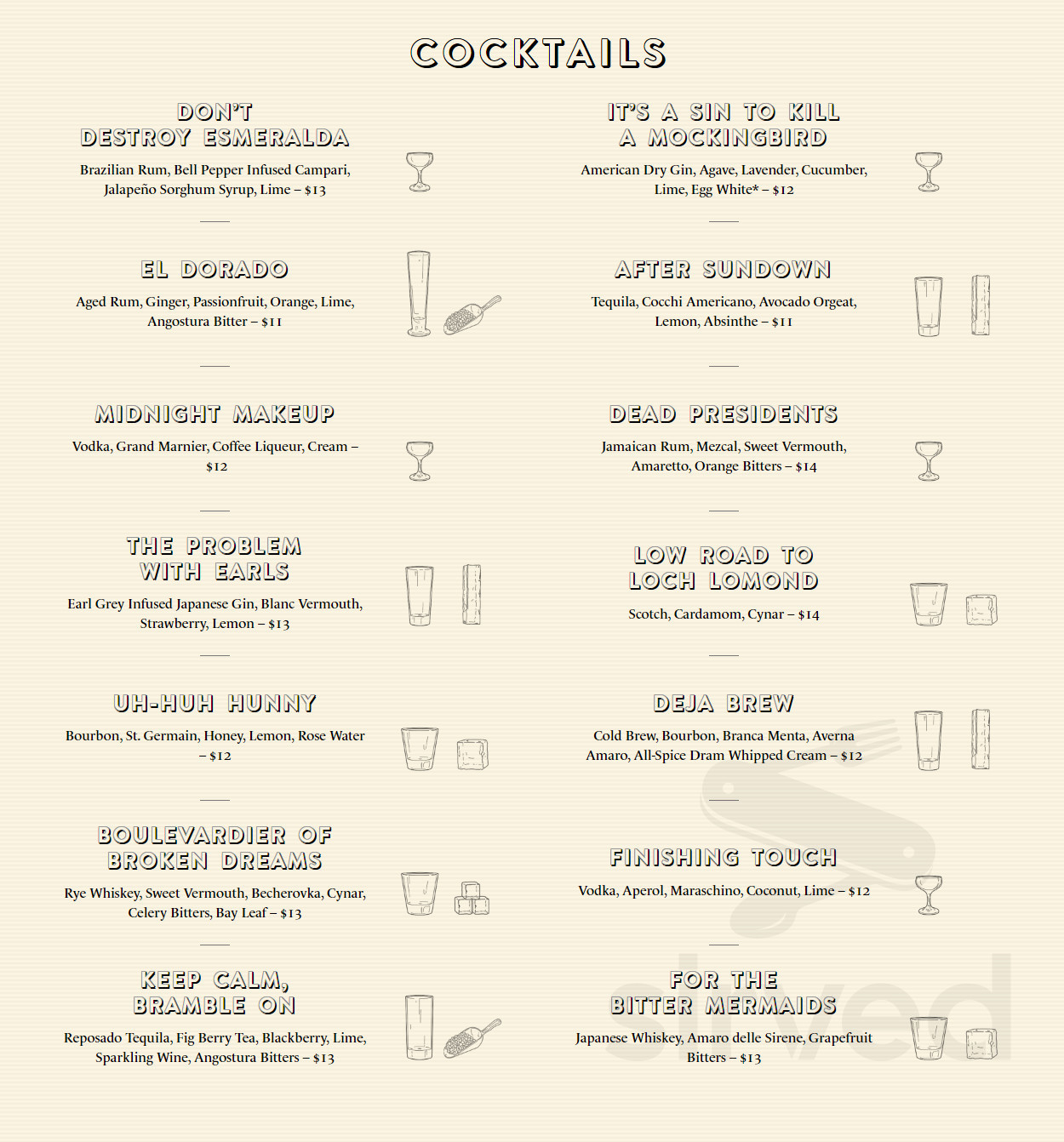 Fox Liquor Bar menu in Raleigh, North Carolina, USA