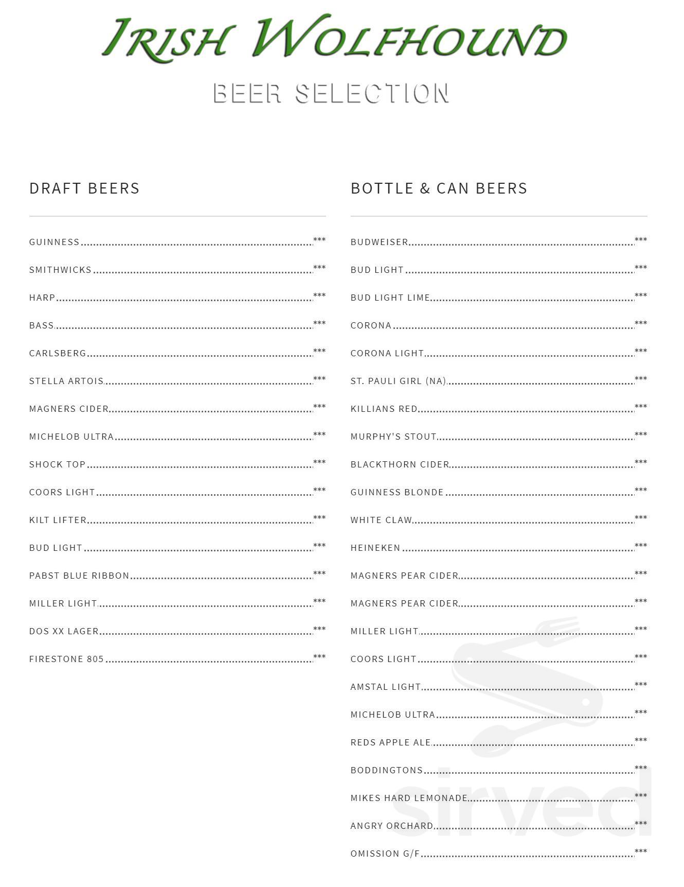 Menu for Irish Wolfhound Restaurant & Pub in Surprise, AZ | Sirved