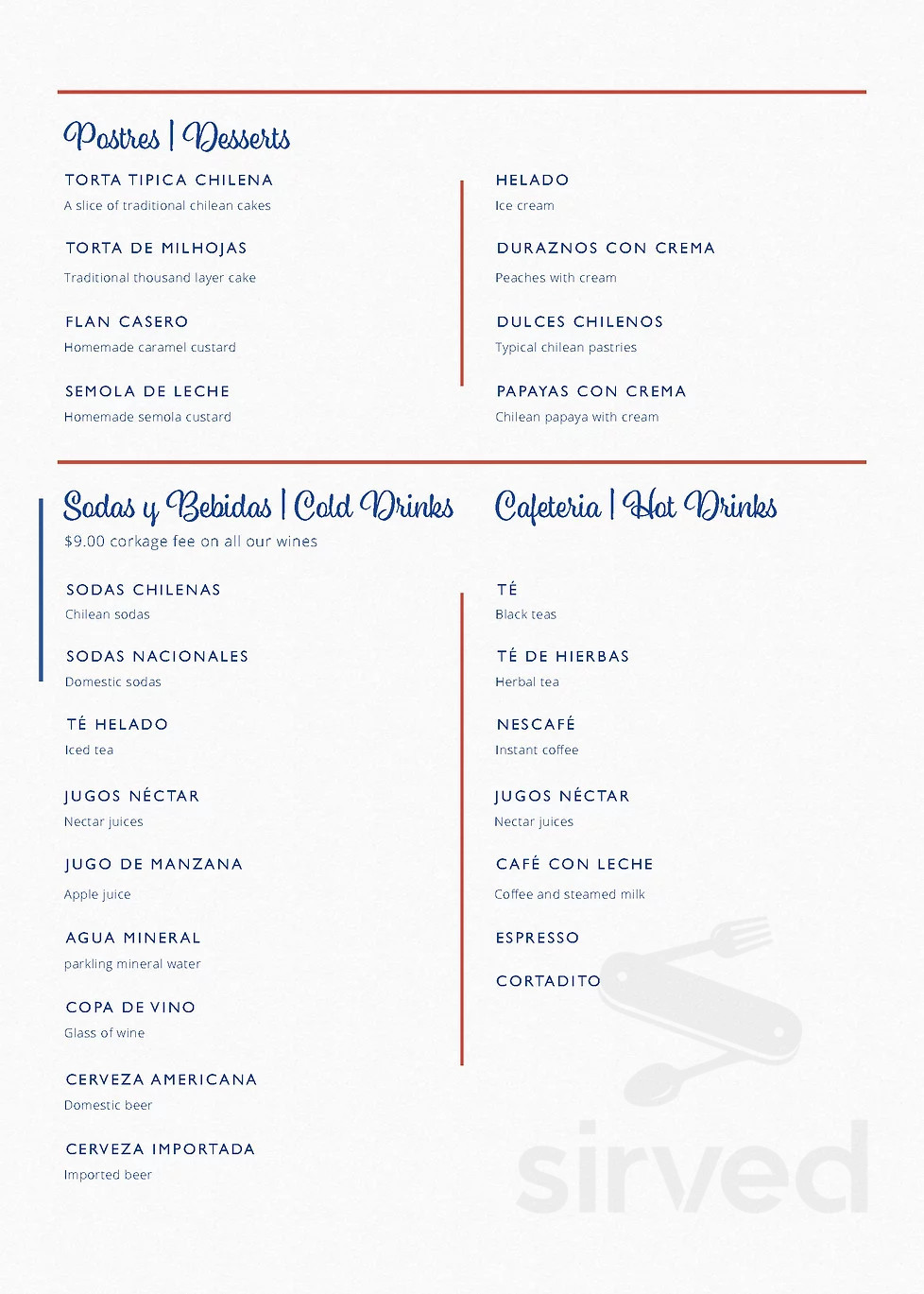 Menu for Pamela's Restaurante Chileno in Miami, FL | Sirved