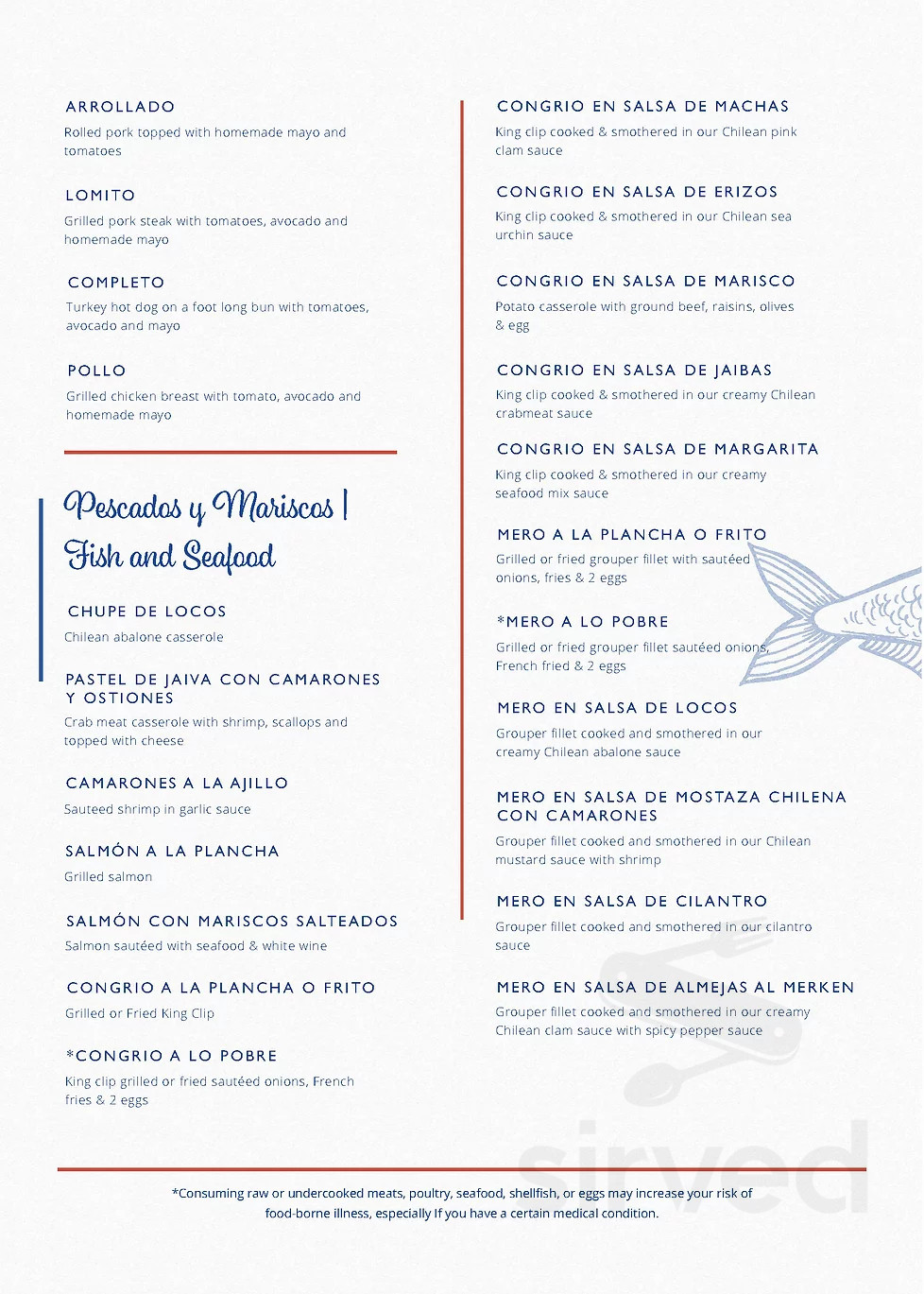 Pamela's Restaurante Chileno menu in Miami, Florida, USA
