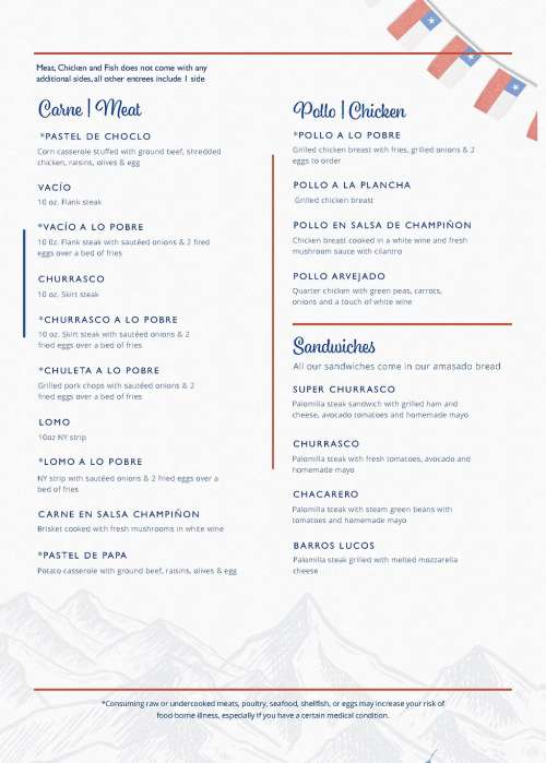Pamela's Restaurante Chileno menu in Miami, Florida, USA
