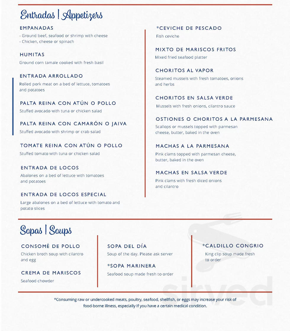 Pamela's Restaurante Chileno menu in Miami, Florida, USA