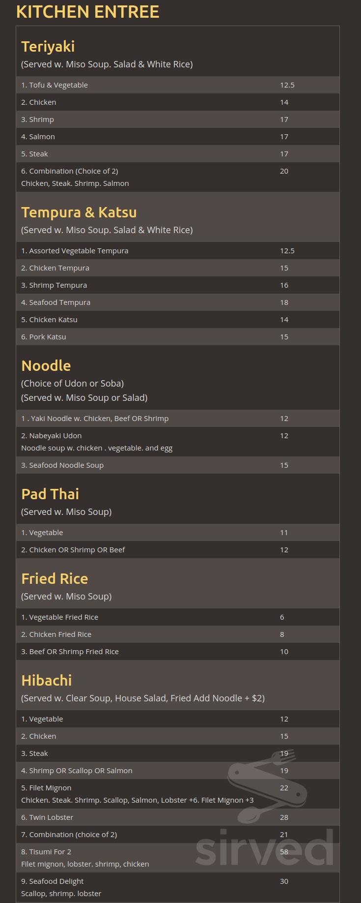 Tisumi Sushi menu in Glastonbury, Connecticut, USA