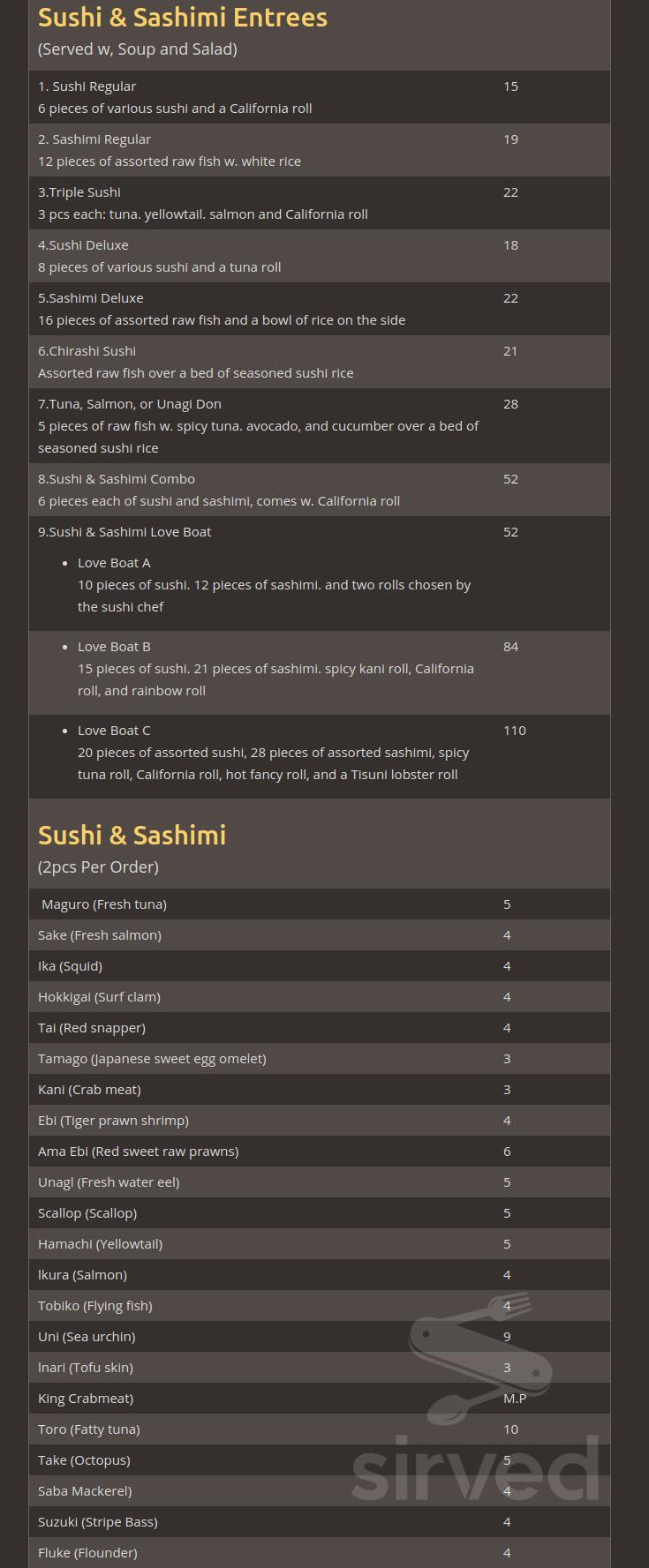 Tisumi Sushi menu in Glastonbury, Connecticut, USA