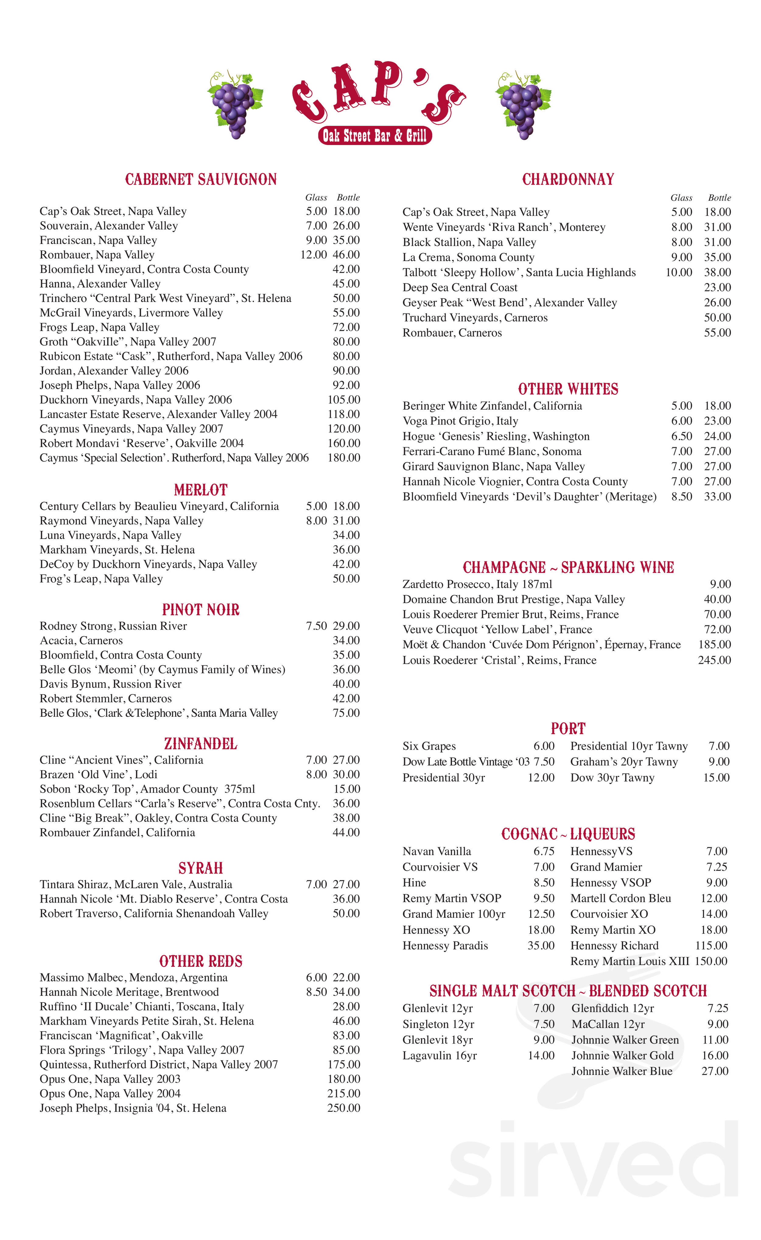 Cap's Oak Street Bar & Grill menu in Brentwood, California, USA