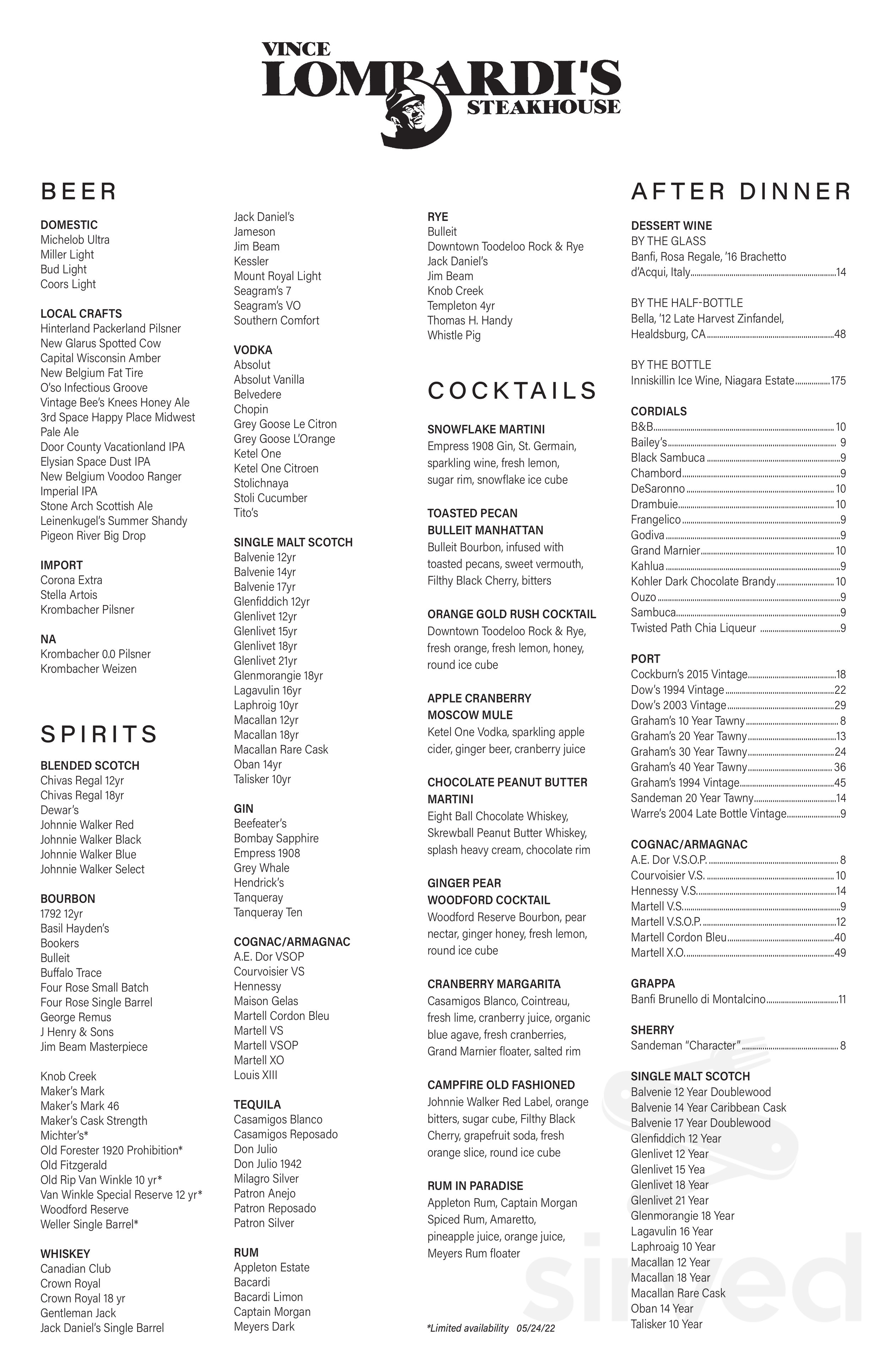 Vince Lombardi's Steak House menu in Appleton, Wisconsin, USA