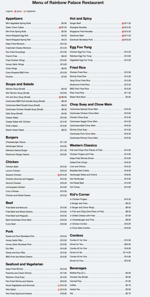 Rainbow Palace Restaurant menu in Spruce Grove, Alberta, Canada