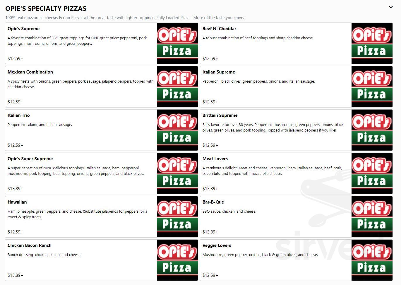 Opie's Pizza menu in Fort Scott, Kansas, USA