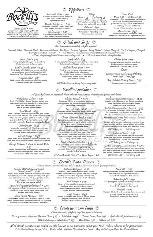 Bocelli's Italian Eatery menu in Waynesville, North Carolina, USA
